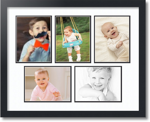 24x19 Satin Black collage picture frame 5 opening Super White and Black mat